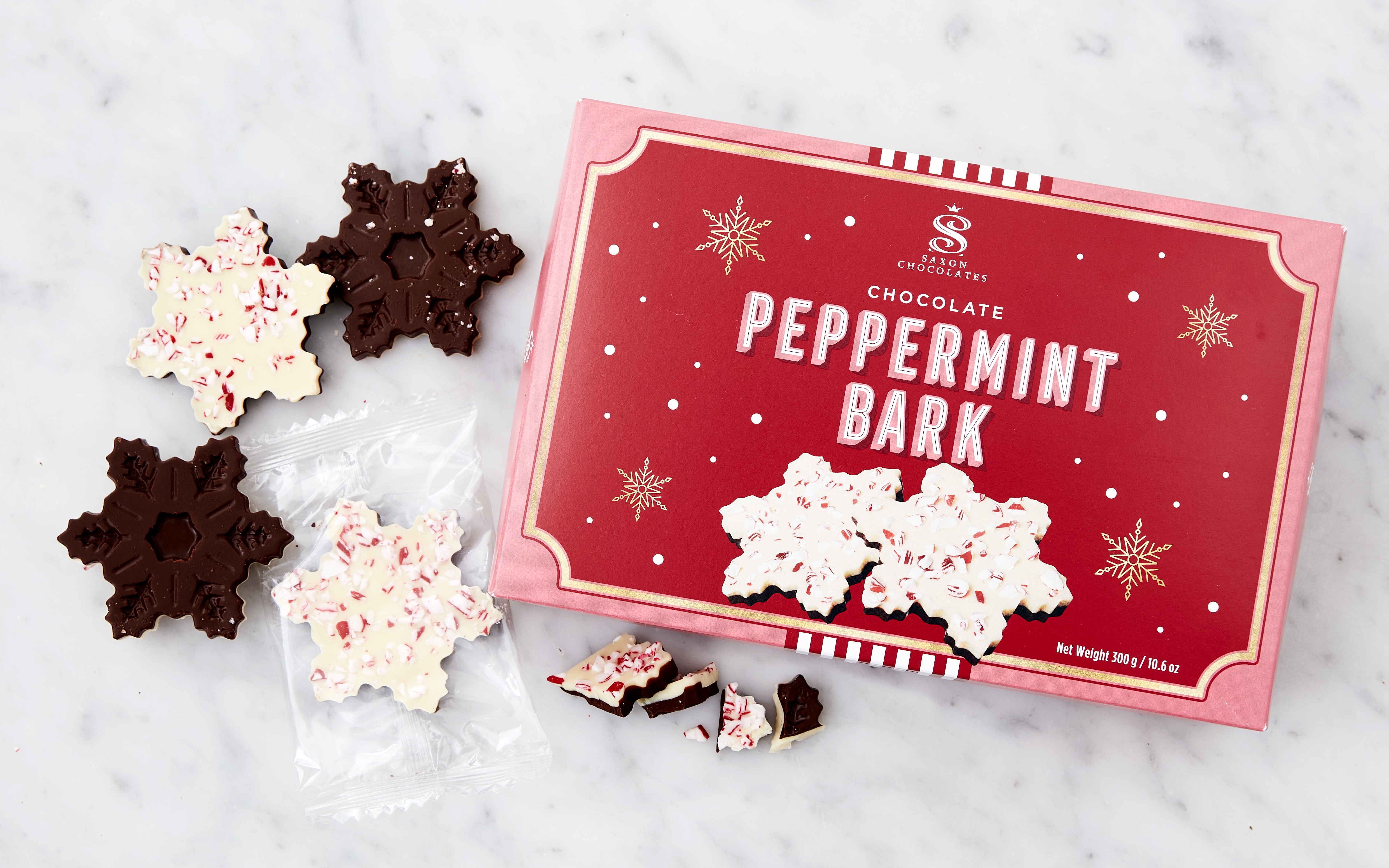 Peppermint Bark Snowflakes | 10.6 oz | Saxon Chocolates | Good Eggs