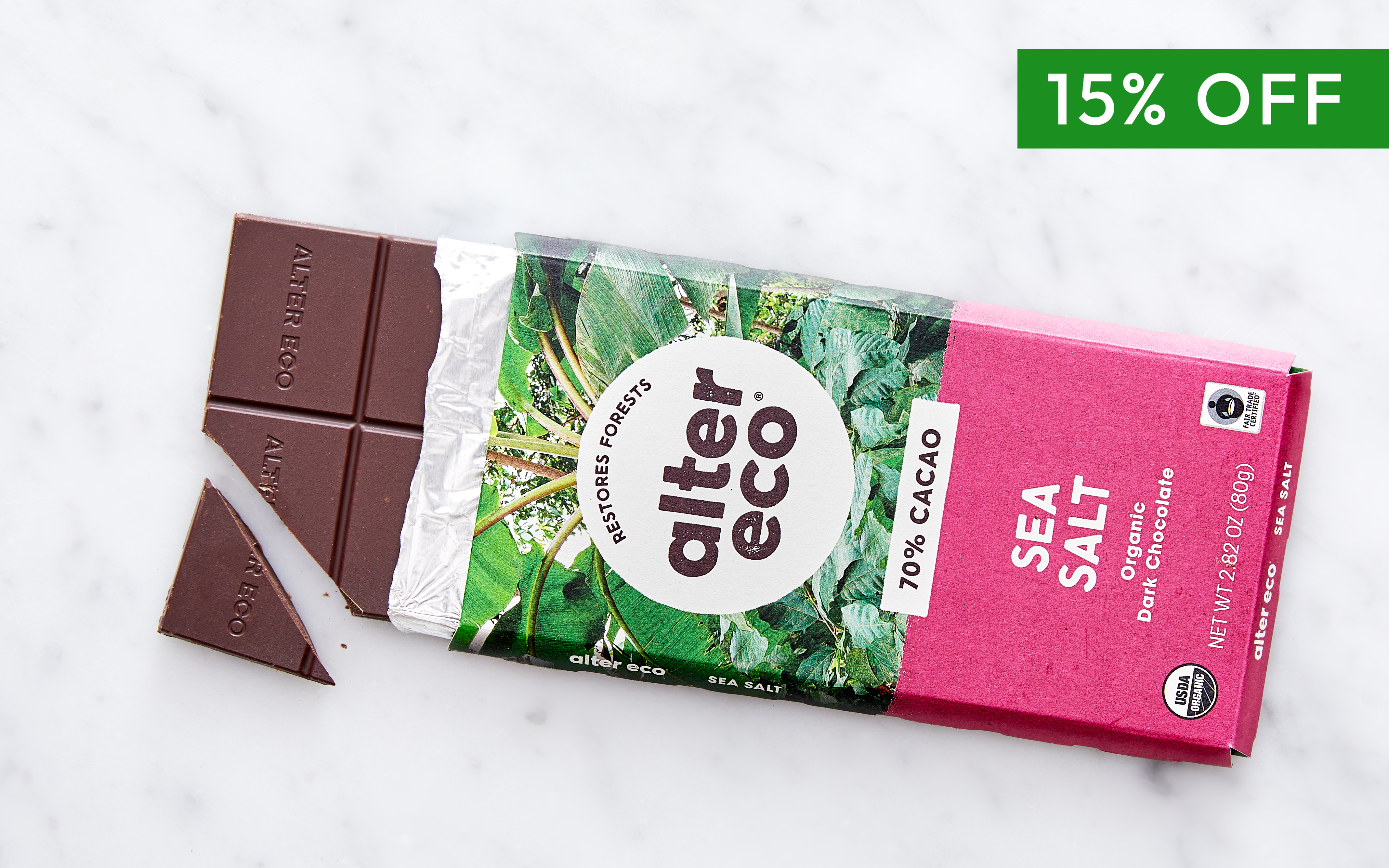 Organic Deep Dark Sea Salt Chocolate Bar (70%) | 2.82 oz | Alter Eco ...
