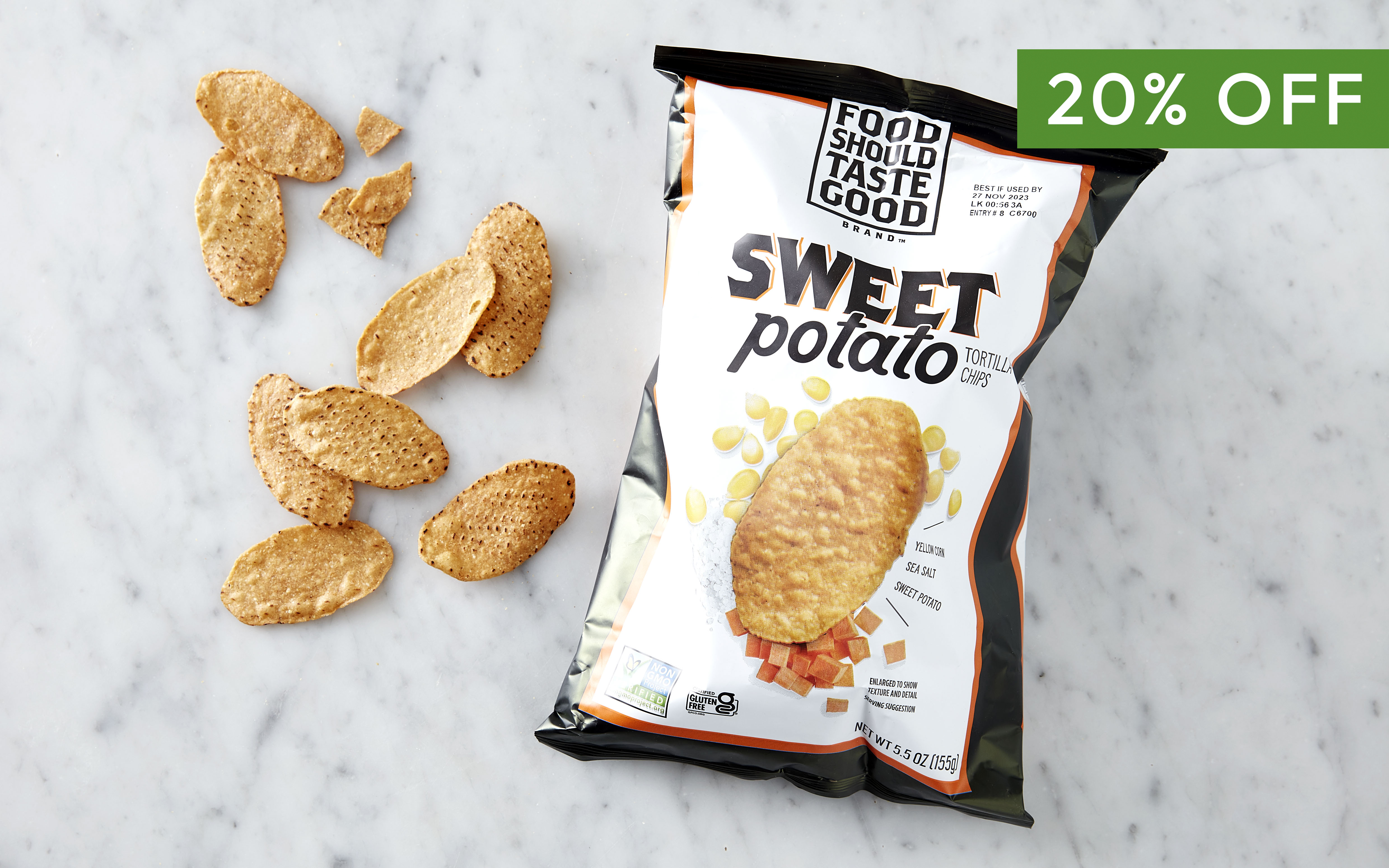 Sweet Potato Tortilla Chips | 5.5 oz | Food Should Taste Good | Good Eggs