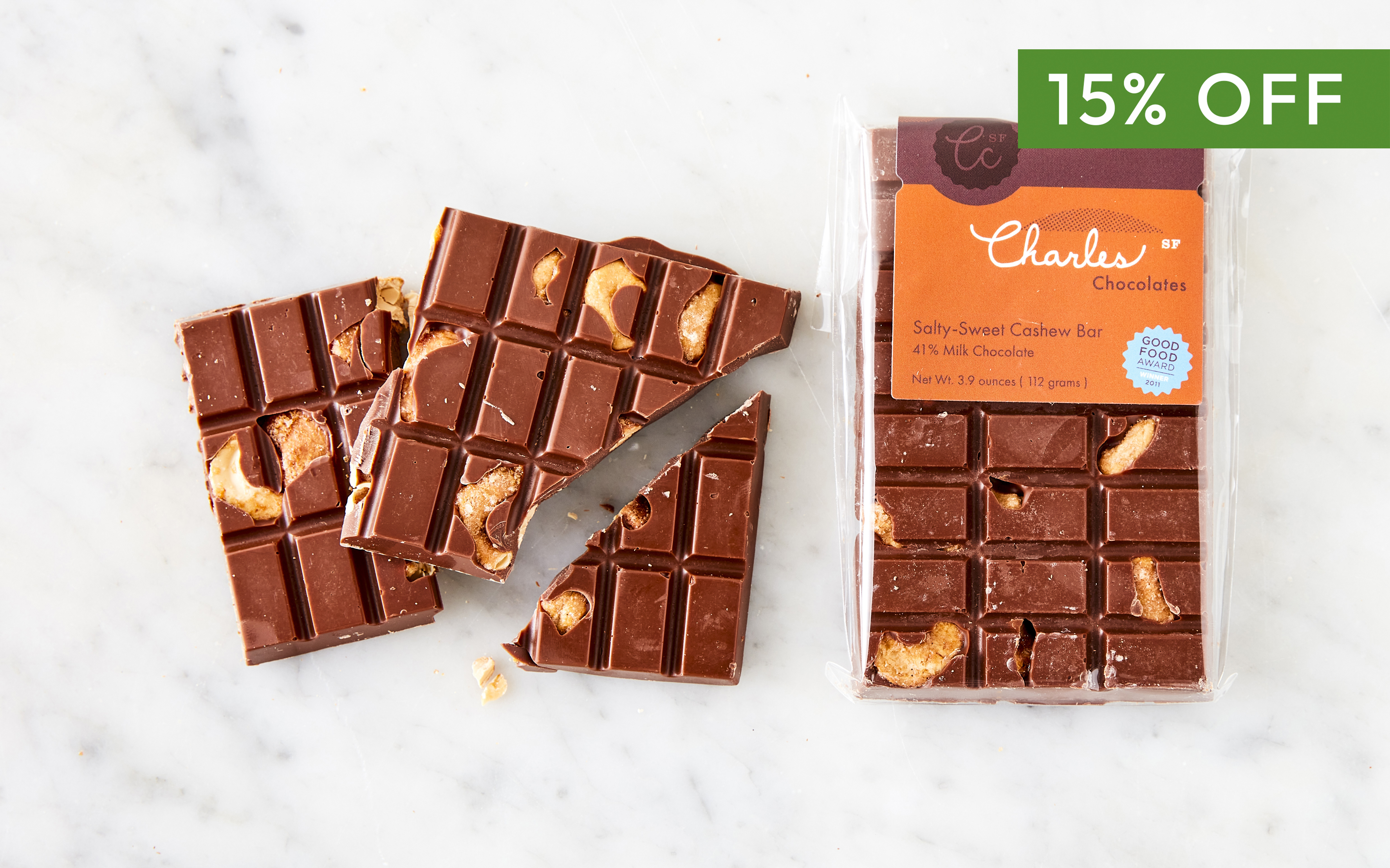 Salty-Sweet Cashew Chocolate Bar | 3.9 oz | Charles Chocolates | Good Eggs