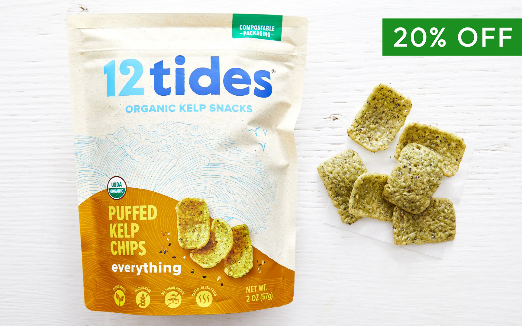 Organic Puffed Kelp Chips Everything | 2 oz | 12 Tides | Good Eggs