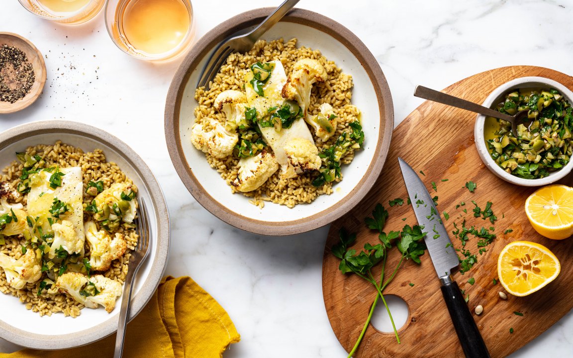 High-Protein Bowls with Roasted Cod, Cauliflower & Olive Vinaigrette ...